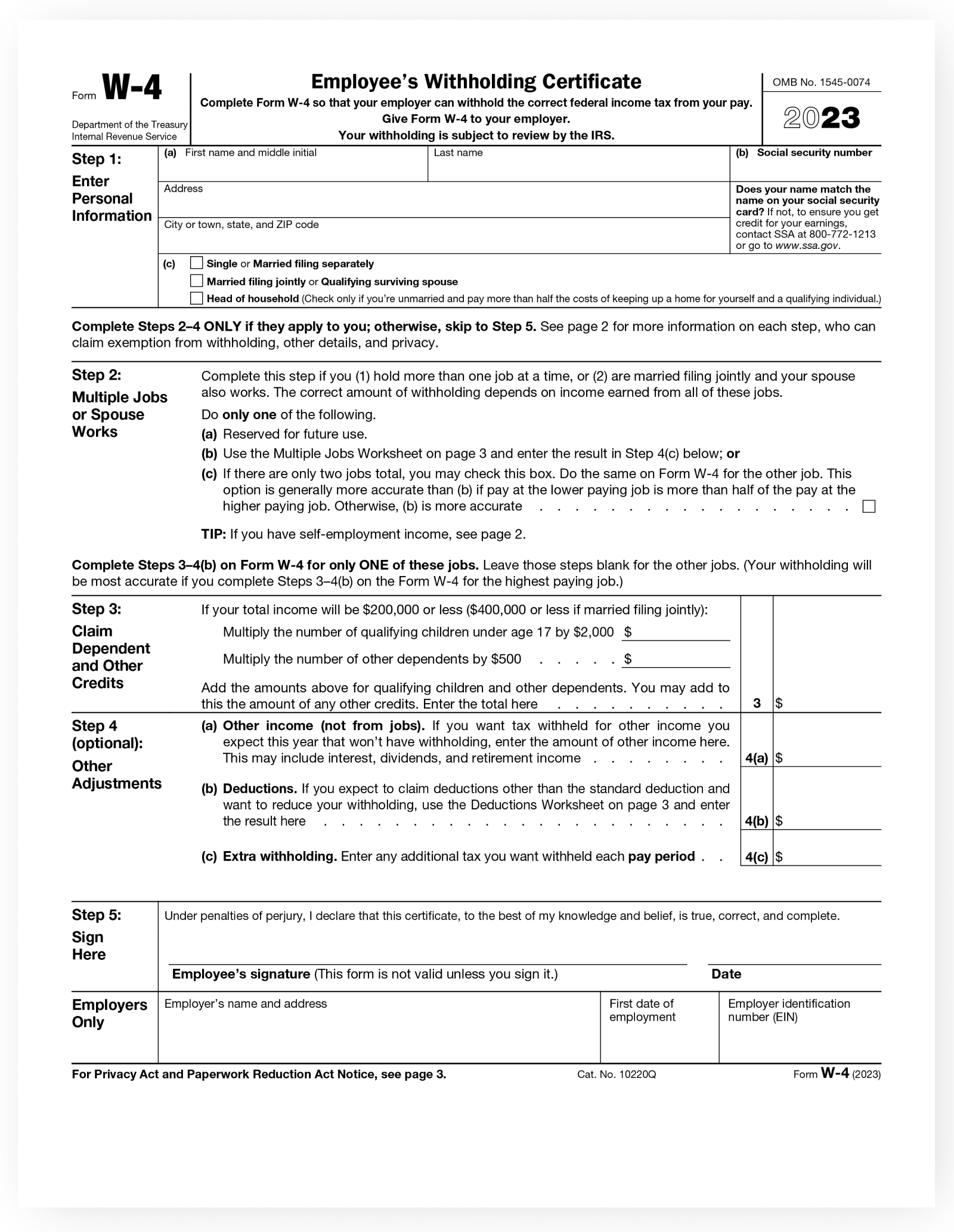  IRS W4 Form 2023 PDF PDF 